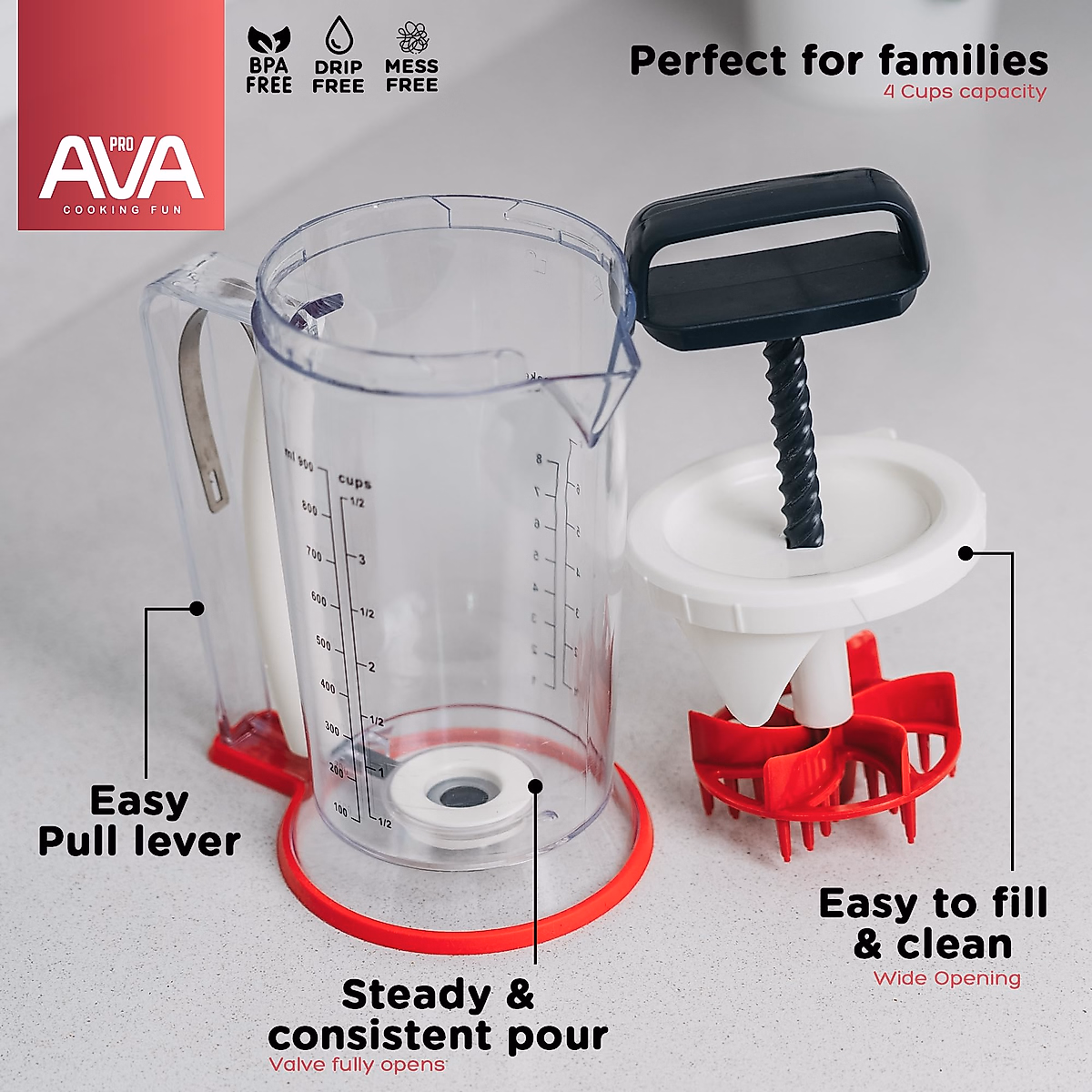 AVAPRO Batter Dispenser and Mixer 3in1 essential tool for measuring, dispensing and mixing batter for pancakes, crepes and other thin batters, quick and easy, no mess, 900ml Pancake Batter Dispenser.