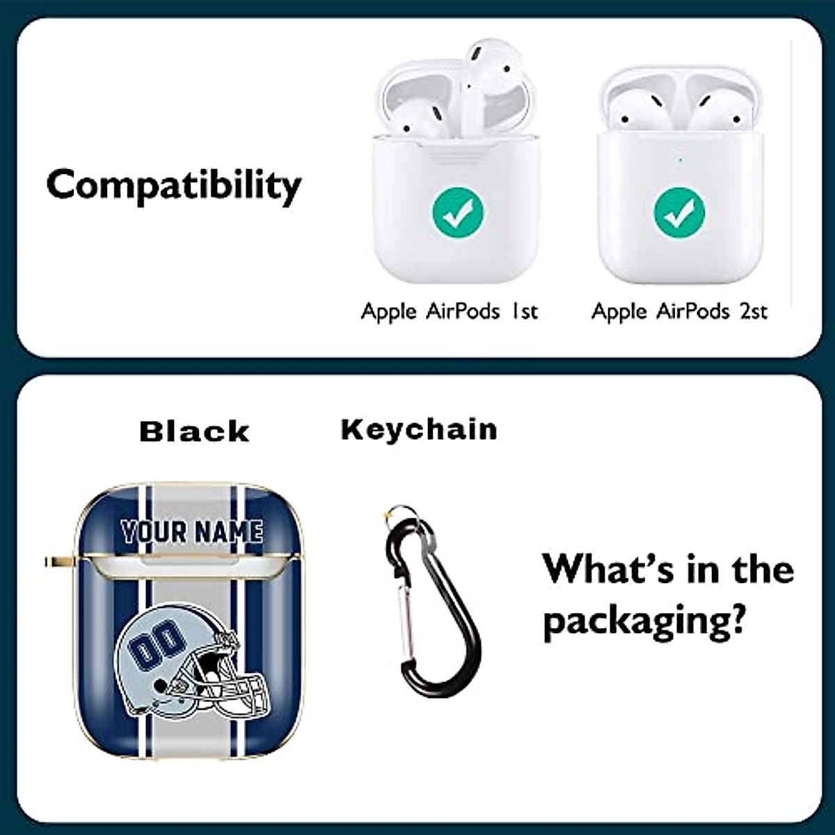 Custom Name & Number AirPods 1 & 2 Case Cover, Dallas Personalized Fans Gift Football Helmet Protective Air Pods 2nd 1st Cover with Keychain