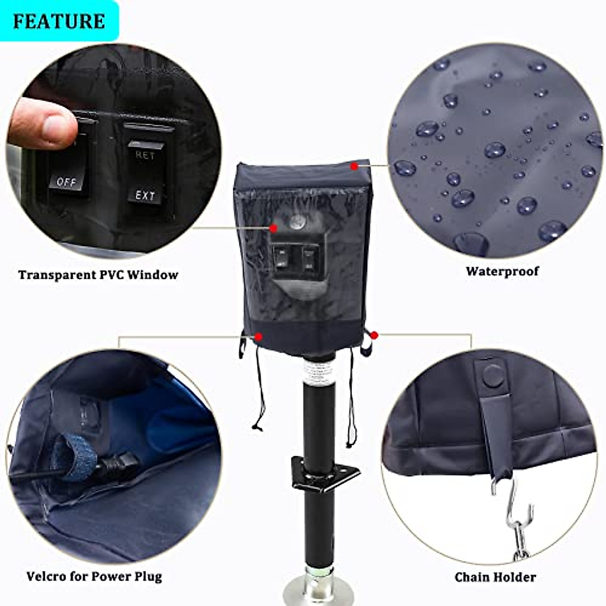 Softclub Electric Jack Cover, Waterproof PVC, Electric Tongue Jack Cover for Travel Trailer, Camper, Chain Holder, Plug Protector, Jack Protective Head Cover Universal Size (10’’L x 5’’W x 14’’H)