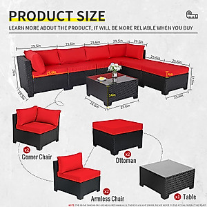 Lviden 7 Pieces Outdoor PE Wicker Furniture Set Patio Rattan Sectional Conversation Sofa Set with Red Cushions and Glass Top Table