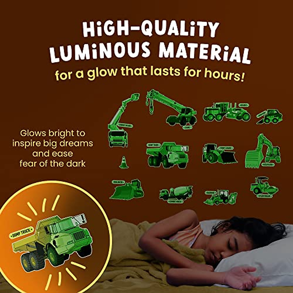 Glow in The Dark Construction Wall Stickers - 10 Large Bright Wall Decals for Bedroom Walls and Ceilings - Glowing Decorations for Boys Room and Girls Room