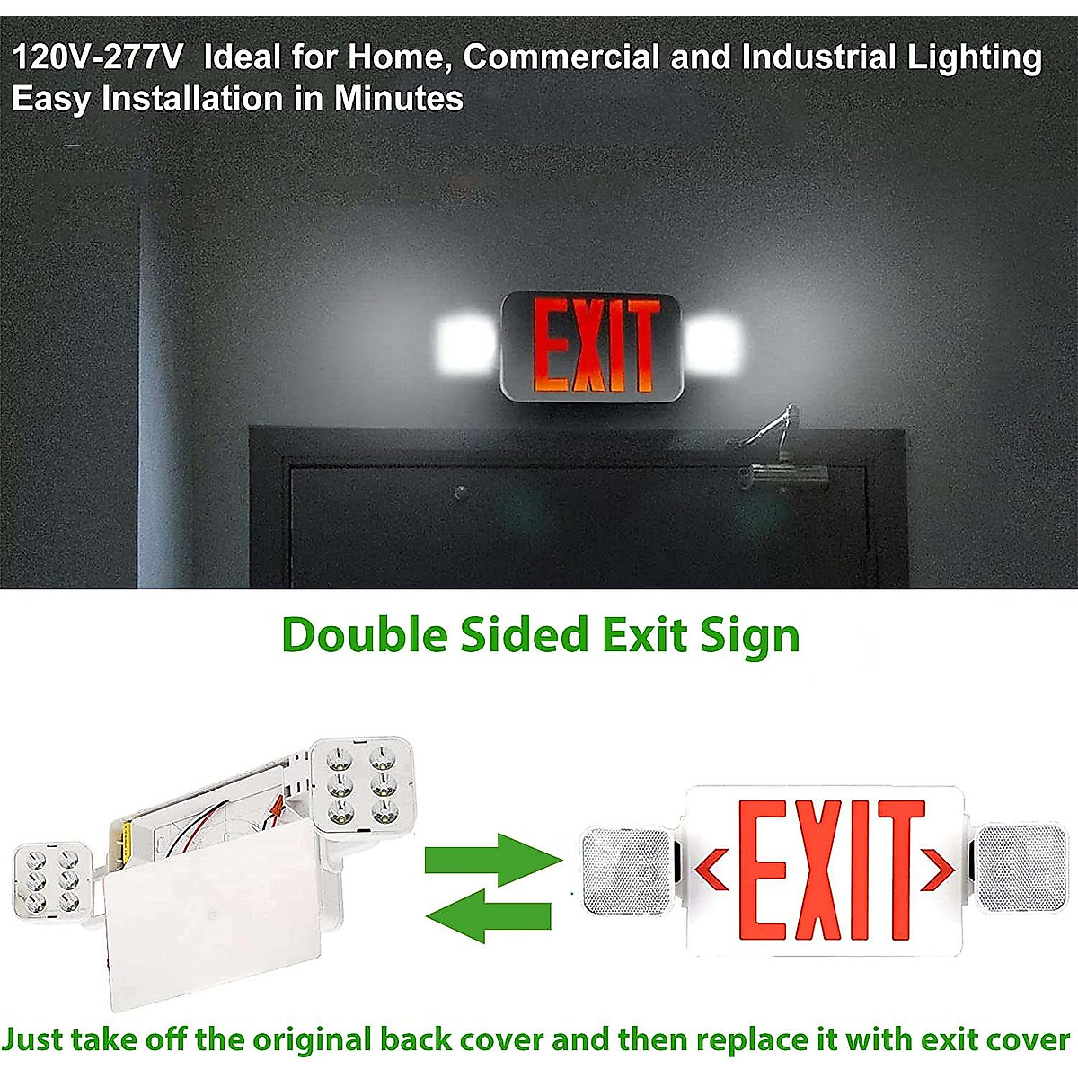 LED Combo Exit Sign Emergency Light, Double Sided with Two LED Flood Lights, Exit Signs for Business with Battery Backup, Fire Resistant UL 94V-0, Commercial Grade Brand: LED Flying Direct