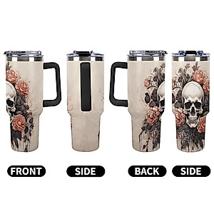 LLUTSNTH 40 Oz Vacuum Tumbler with Black Handle Leakproof Insulated Tumbler Ancient Skull And Flowers Stainless Steel Travel Mug with Lid And Straw Coffee Cup Cute Water Bottles Cup Holder Friendly