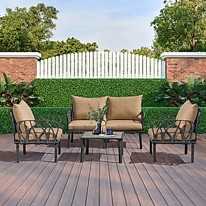 Domi Outdoor 4 PCS Patio Conversation Set with Removable Grey Cushions, Plastic Dining Table and Chairs Dining Set for Garden Lawn Yard