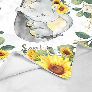 CUXWEOT Watercolor Elephant Sunflower Baby Blankets with Name Custom Baby Nursery Blanket for Boy Girl 30x40 Inches