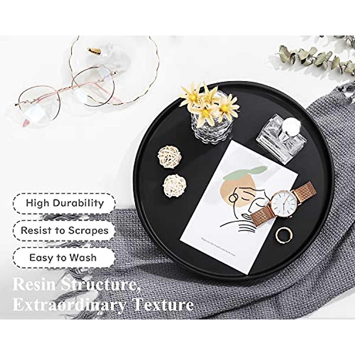 Lewondr Vanity Tray, Marbling Round Tray Resin Decorative Tray Organizer, Display Tray Storage Platter with Handle Table Storage with Elevated Foot for Cosmetic, Jewelry, 27 * 27cm - Matte Black
