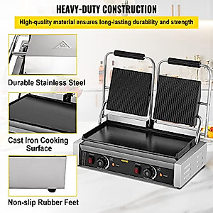Happybuy Commercial Sandwich Panini Press Grill,110V 2x1800W Double Up Grooved and Down Flat Plates Electric Stainless Steel Sandwich Maker,Temperature Control 122°F-572°F for Hamburgers Steaks Bacons