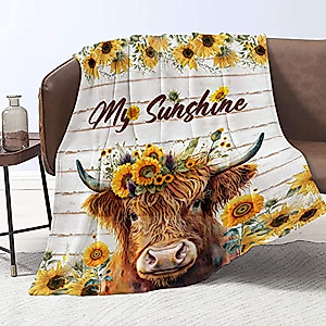 Paready Highland Cow Sunflower Blanket Cow Print Throw Blanket Soft Cozy Blanket for Bedroom Living Room Decor Couch Sofa Lightweight Blanket for Kids Adults-60 X80