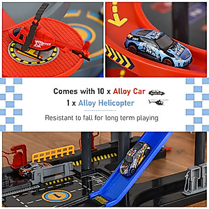 Qaba 7-Level Car Parking Garage Toy Race Tracks Car Ramp Set Toddler Car Games 96PCS w/Cars & Helicopter Elevator Gas Station Car Repair Station for 3-6 Years Old