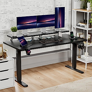 Shahoo Electric Standing Desk with Monitor Shelf, 63 x 27 Inches Height Adjustable Corner Table, Computer Workstation with Cup Holder and Hook for Home Office, Black, 63x27 Inch