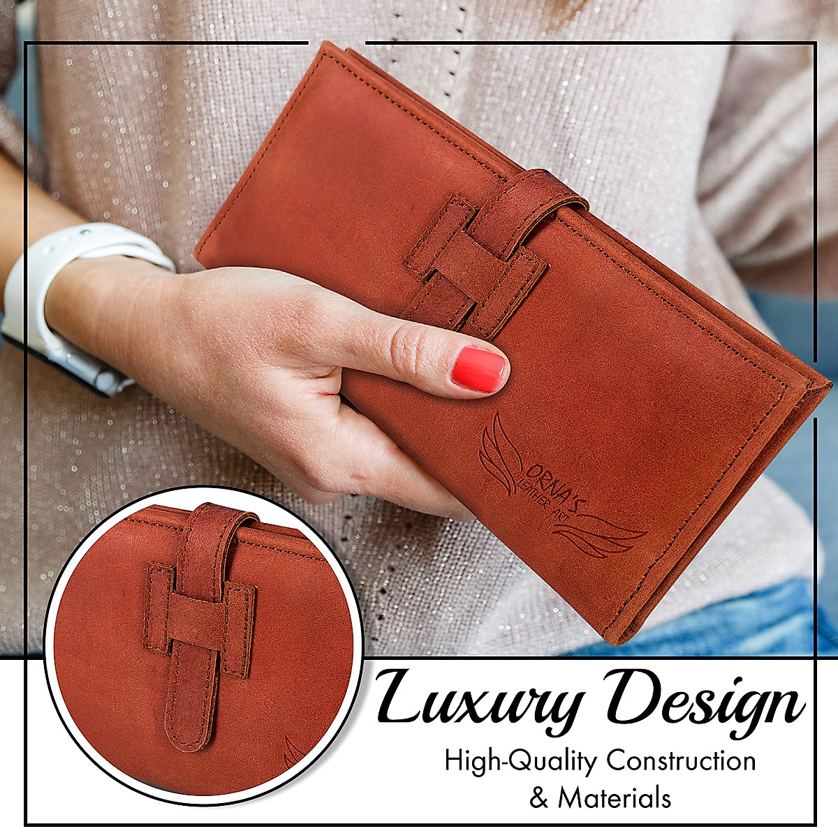 ORNA'S LEATHER ART GOLDFINCH COGNAC WALLET: Women’s Brown Billfold, Stylish, Handcrafted, Real Cowhide, Spacious, 18 Card Holders, 6 Money Pockets,