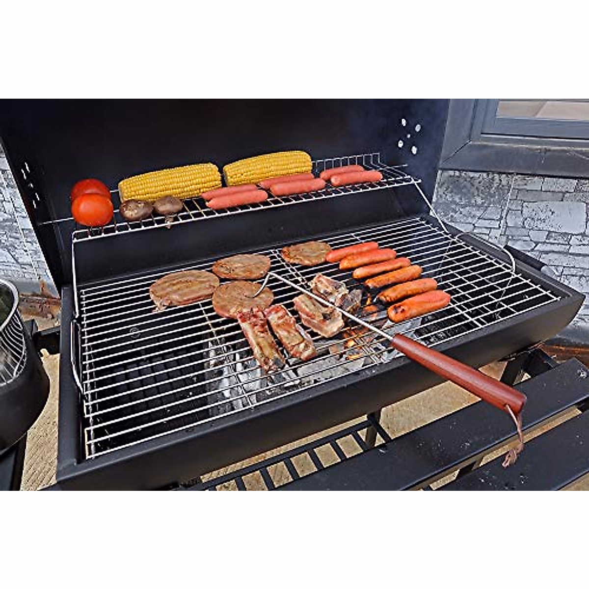 PEPKICN 15 Inches Food Flipper - Stainless Steel BBQ Meat Turner Hook with Wooden Handle for Grilling & Smoking