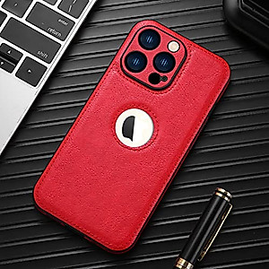 SunRemex Logo Visible for iPhone 13 Pro Max Case with Tempered Glass Screen Protector, Non-Slip Grip Vegan Leather Classic Luxury Elegant Thin Cover for iPhone 13 Pro Max (6.7") (Red)