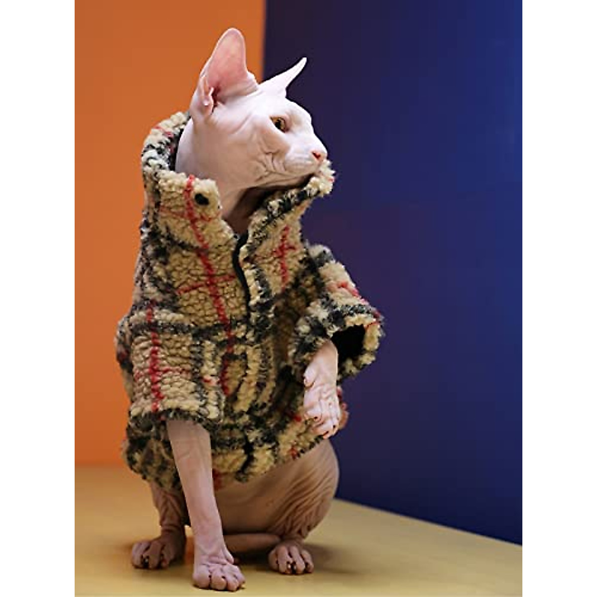 Sphynx Hairless Cat Clothes Winter Thick Warm Plaid Printing High Collar Button Coat for Cats Soft Faux Fur Pet Clothes with Sleeves (Vintage Plaid, M(4.4-5.5lbs))