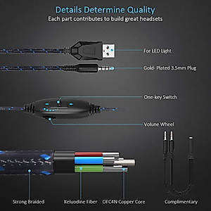 Gaming Headset - Chououkiu Headset Gaming Headphone for Xbox One, PS4, PC, Surround Sound Over Ear Headphones with Noise Cancelling Mic, LED Light Bass Surround Soft Memory Earmuffs (Blue)