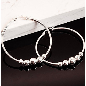 Sterling Silver Polished and Hammered Beads Round Hoop Earrings (1 3/4 Inch)