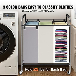 VEVOR 3-Sections Laundry Basket, Heavy Duty Laundry Hamper Storage Organizer, Laundry Sorter Cart with Heavy Duty Lockable Wheels for Dirty Clothes in Laundry Room Bedroom