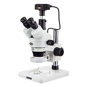 AmScope SM-1TS-144S-M Digital Professional Trinocular Stereo Zoom Microscope, WH10x Eyepieces, 7X-45X Magnification, 0.7X-4.5X Zoom Objective, 144-Bulb LED Ring Light, Pillar Stand, 110V-240V, Includes 1.3MP Camera with Reduction Lens and Software