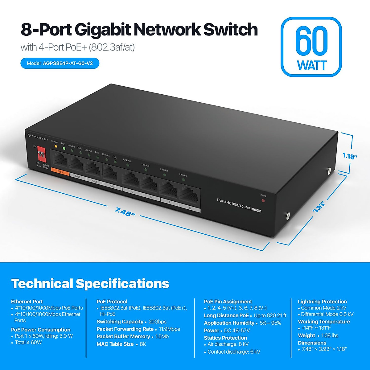 Amcrest 8-Port Switch with 4-Ports POE+ 802.3af/at 60W, Metal Housing, (AGPS8E4P-AT-60-V2)