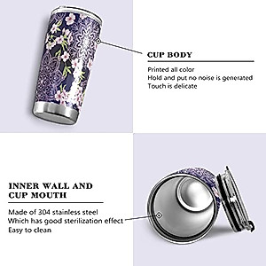 ALAZA Insulated Tumbler Purple Mandala Cherry Flower Stainless Steel Vacuum Coffee Water Tumbler Bottle with Lid and Straw Double Walled Travel Mug 20oz for Hot & Cold Drinks