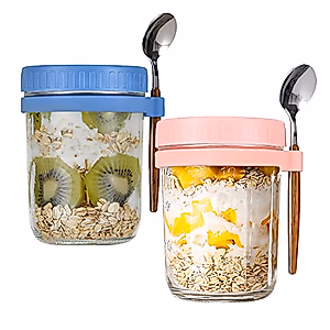 KISCVXE Overnight Oats Containers with Lids and Spoon,Overnight Oats Jars,10 Oz Cereal Dispenser,with Measurement Marks,Cereal, Milk, Vegetable Fruit Salad Storage Container 2PCS