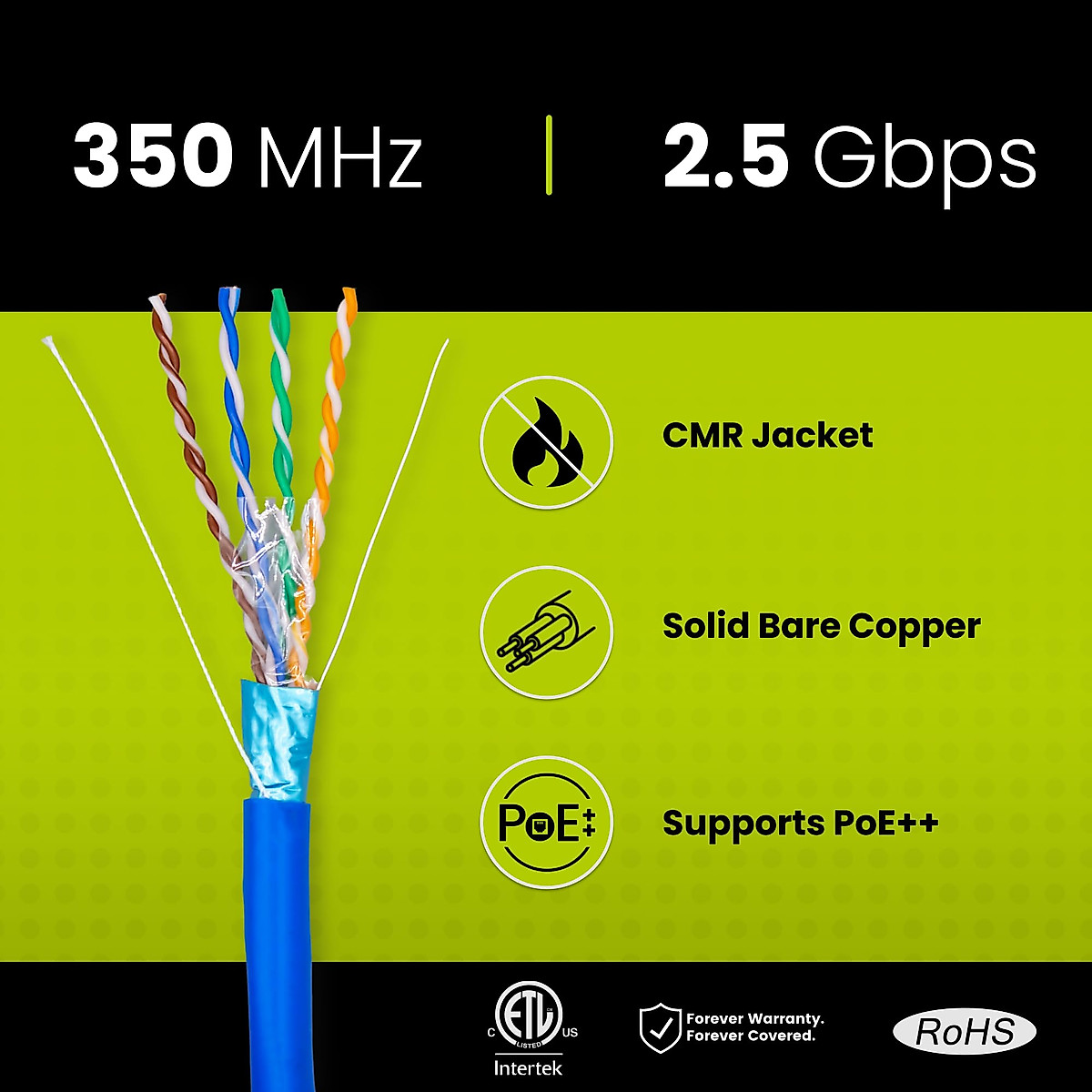 trueCABLE Cat5e Shielded Riser (CMR), 1000ft, Blue, 24AWG Solid Bare Copper, 350MHz, PoE++ (4PPoE), ETL Listed, Overall Aluminum Foil Shield (F/UTP), Bulk Ethernet Cable