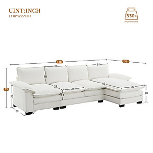 Tmsan 118" Convertible L Shaped Couch, Comfy Modular Sectional Sofa with Double Cushions, Chenille Upholstered Cloud Couches for Living Room, Beige