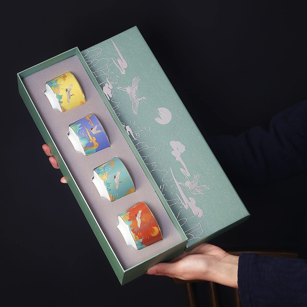 HOHCNA Tea Cups, Ceramic Chinese Tea Cup Set of 4, Japanese Tea Cups, Asian Porcelian Tea Cups, Handleless Ceramic Cup for Matcha Tea,Green Tea,Latte,Cappuccino.