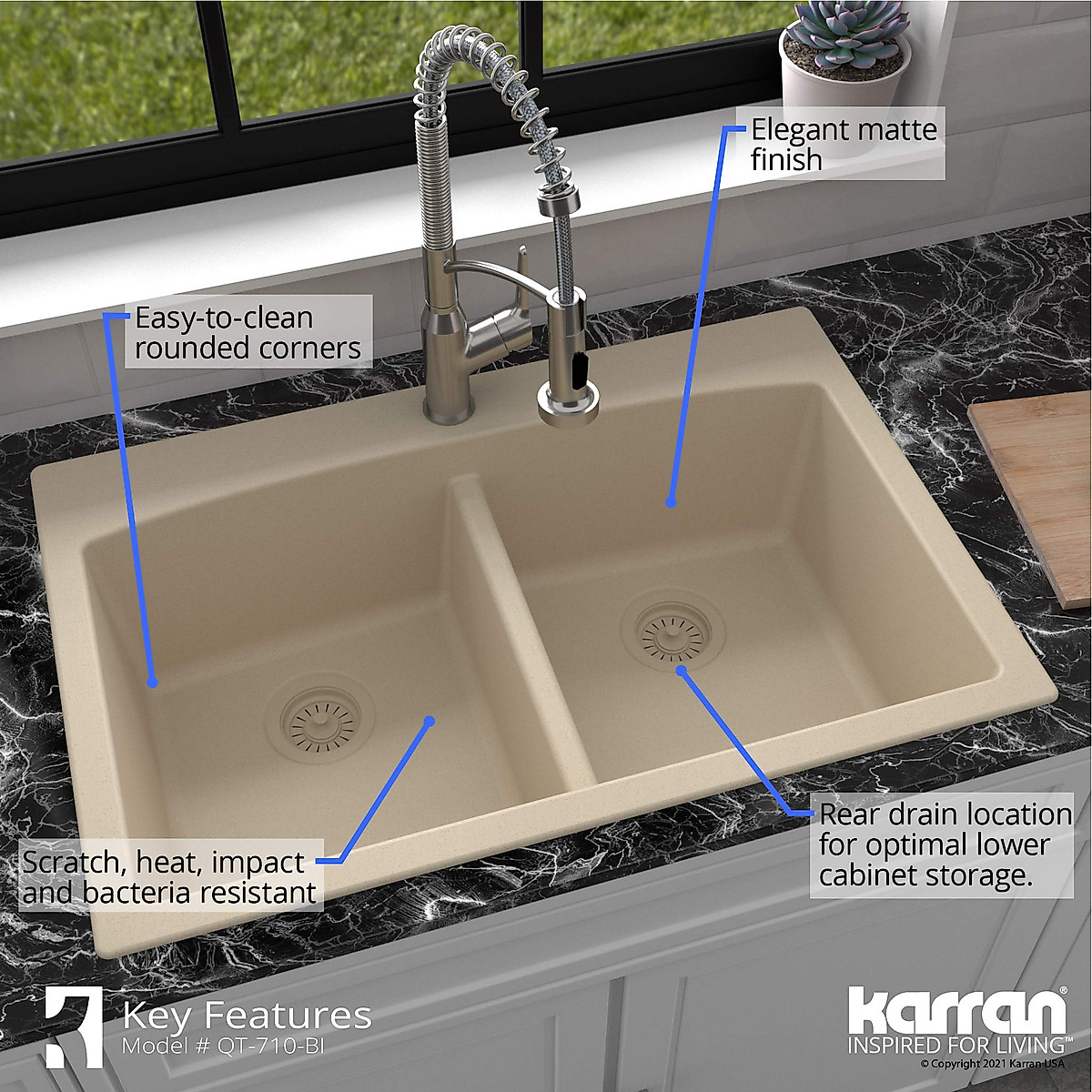 Karran QT-710 Drop-in Quartz Composite 33 in. 1-Hole 50/50 Double Bowl Kitchen Sink in Bisque