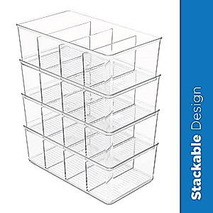 Set Of 4 Plastic Food Storage Organizer Bins - Divided Compartment Holder for Snacks, Packets, Pouches Stackable Fridge Organizers for Freezer, Kitchen, Cabinets - Clear Plastic Pantry Storage Rack
