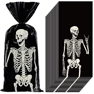 Whaline 150Pcs Halloween Cellophane Gift Bags with 200Pcs Twist Ties Funny Skeleton Party Favor Bags Candy Goodie Treat Bags for Trick or Treat Birthday Party Supplies