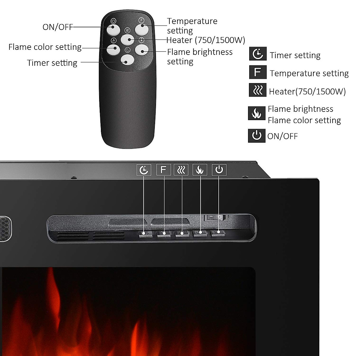 GMHome 80 Inches Wall Recessed Electric Fireplace Wall Mounted in-Wall Built Heater, Log Sets & Crystals, 9 Changeable Colors, with Remote, 1500W Fireplace, Black