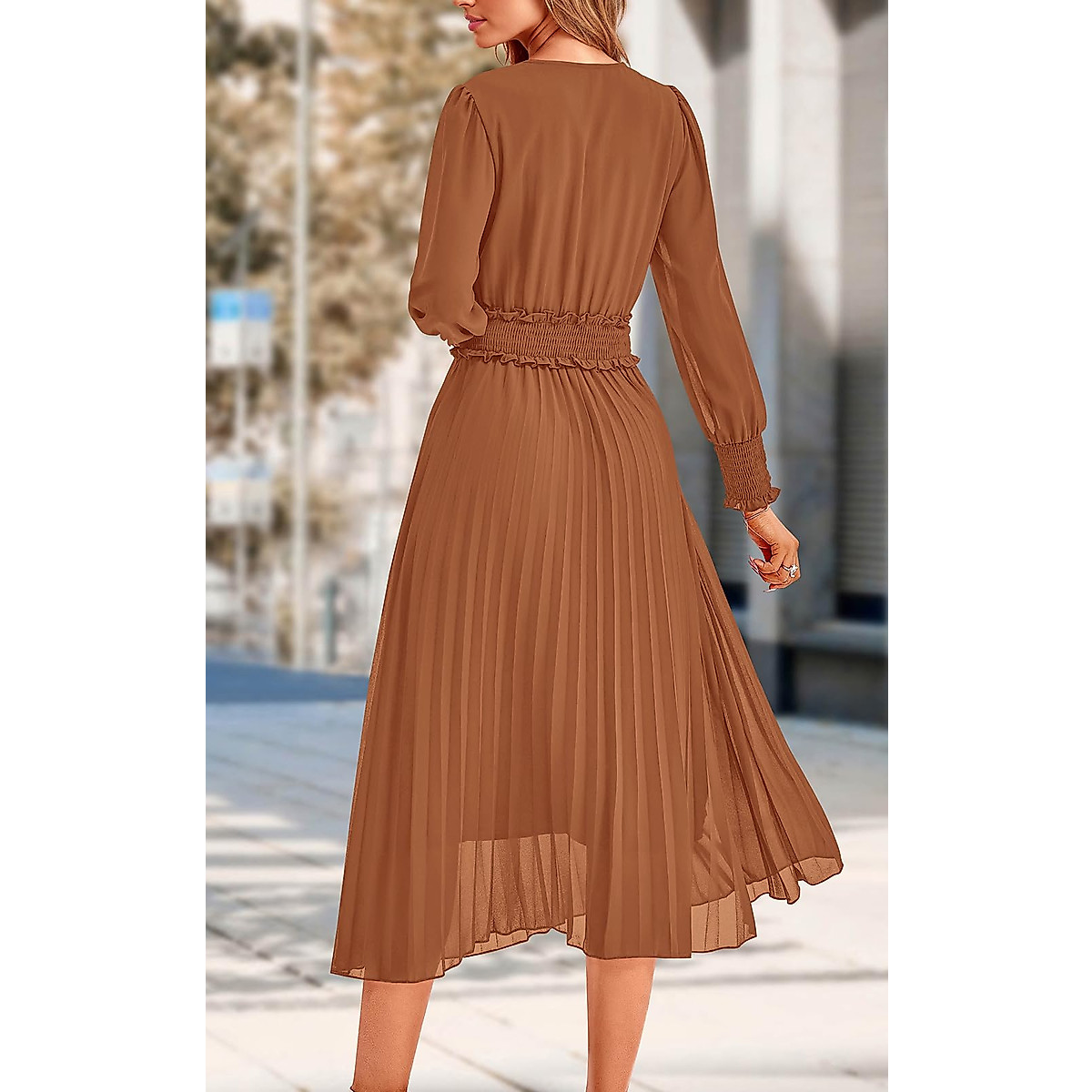 PRETTYGARDEN Women's Midi Long Puff Sleeve Summer Dresses 2024 Smocked Waist V Neck Flowy Ruffle Pleated Casual Long Dress (Brown,Medium)