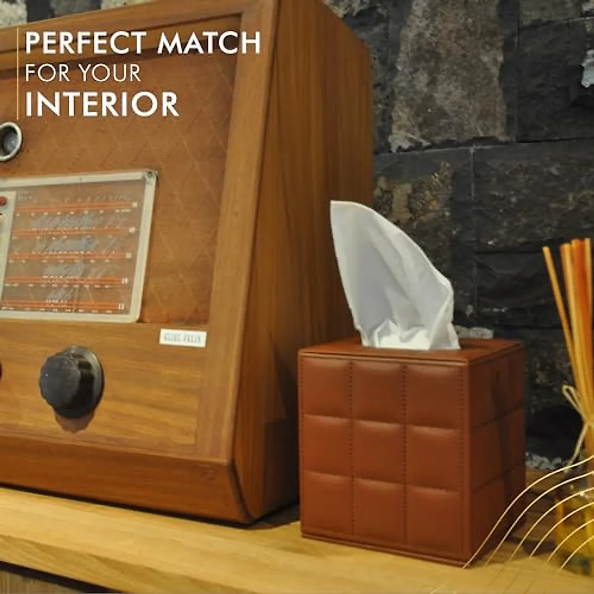 Luxury 5 Star Hotel Style Tissue Box Cover - Sturdy and Stylish Tissue Box Holder with a Custom Height and Modern PU Leather Exterior, 13.5x13.5x15cm - Light Brown