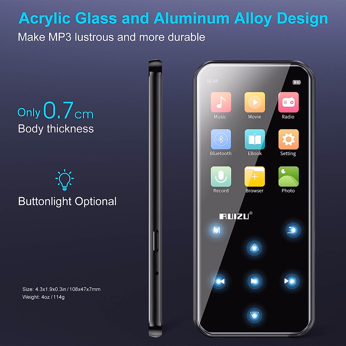 RUIZU 32GB HiFi Lossless MP3 Player with Bluetooth 5.0, DSD High Resolution Digital Audio Player, High-Res Portable Music Player with 2.8 inch Full Touch Screen, Support up to 512GB Micro SD Card