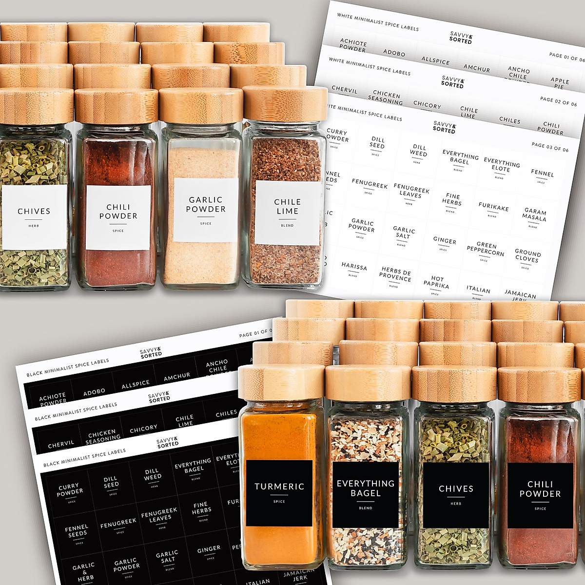 Glass Spice Jars with Label, 24PK Bamboo Spice Jar Set 4oz Seasoning Containers with Labels, Pepper Grinder, 374 Spice Labels, Spice Bottles Funnel, Empty Spice Jars and Shaker Lids Spice Containers