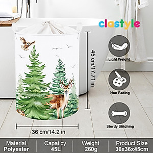 Clastyle 45L Large Green Pine Tree Deer Owl Kid Laundry Hamper with Handle Collapsible Forest Hedgehog Raccoon Clothes Toy Storage Basket with Lid for Nursery