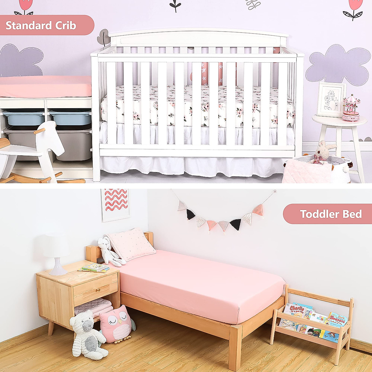 TILLYOU Fitted Crib Sheets - 100% Cotton Fitted Sheets for Standard Crib Mattress, Toddler Bed Mattress Fitted Sheets 2 Pack, Machine Washable, 28”x52”, Pink&Floral Flowers