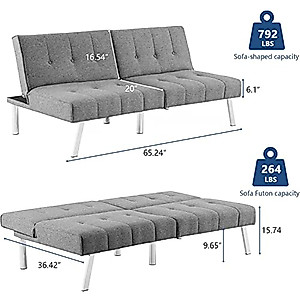 HOMEFLA Sofa Bed, Convertible Sofa with Sturdy Frame, Adjustable Sleeper Sofa for Living Room, Bedroom, Lounge, Dorm or Office Reception Room, 36" D x 65" W x 32" H, Grey