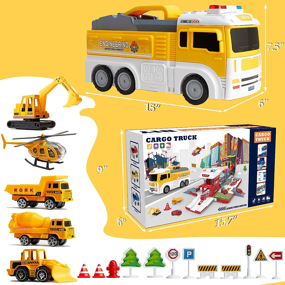 Itcaoseklu Race Track Car Cargo Truck Toy, Engineering Truck with Sound and Light,Vehicle Toy Gift for 3 4 5 6 7 8 Year Old Kids Boys Girls