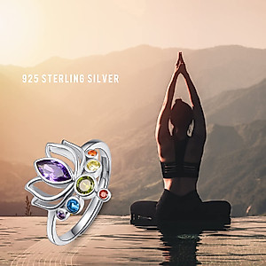 TANGPOET Chakra Rings for Women Lotus Flower Adjustable Rings S925 Sterling Silver Healing Jewelry Reiki Meditation Gifts for Her Yoga Lovers