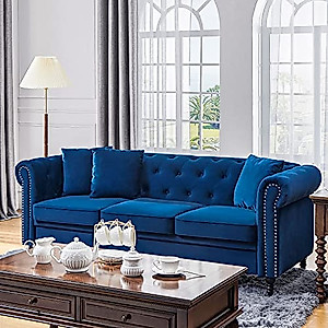 kinmars Chesterfield Sofa Velvet,3 Seater Couch Furniture,Couches for Living Room with Deep Button Tufting,Large Sofa with Rolled Arms (Blue)