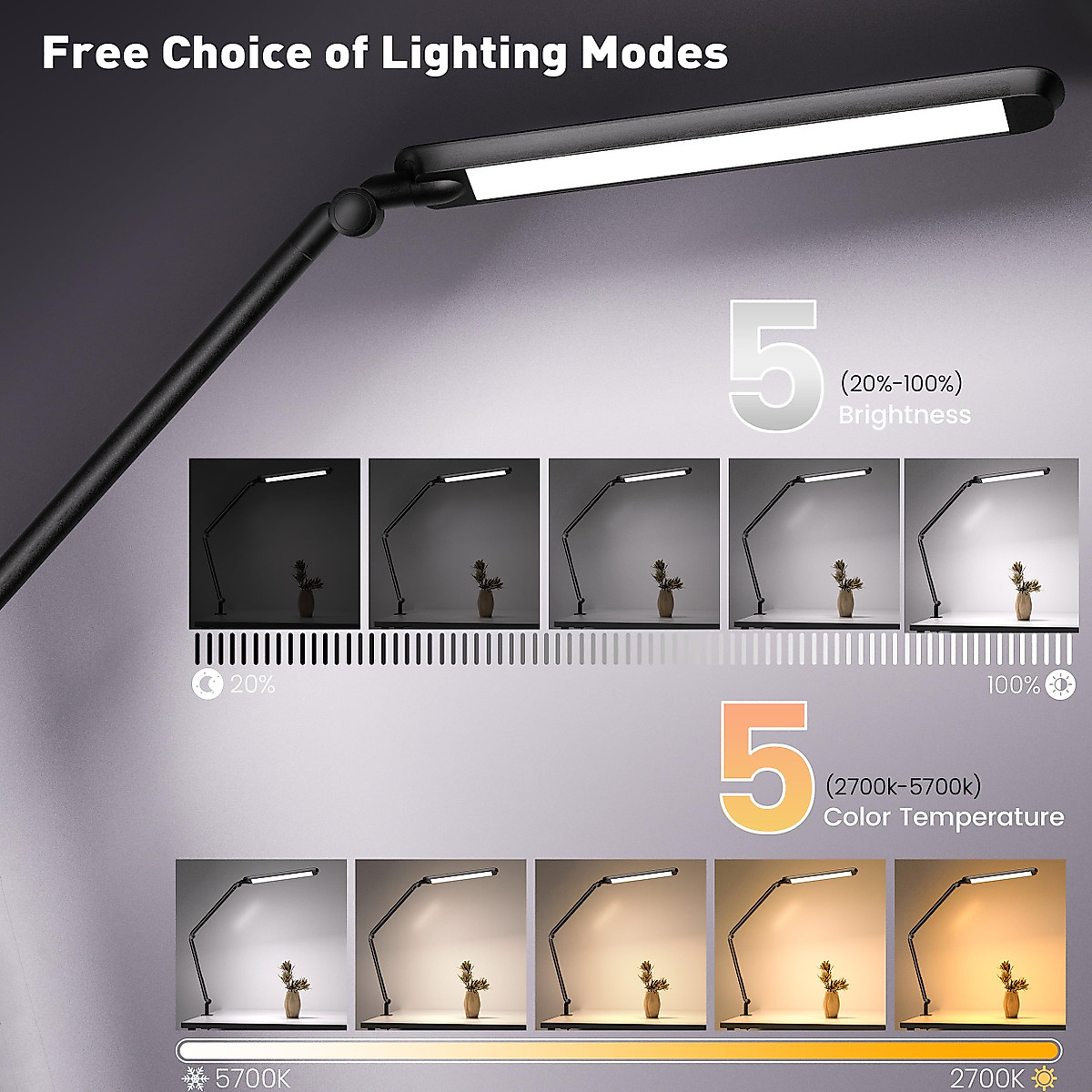 LED Desk Lamp with Clamp, 12W Eye-Caring Swing Arm Table Lamp, Stepless Dimming and Adjustable Color Temperature,Modern Architect Lamp with Memory and Timing Function for Study, Work, Home, Office