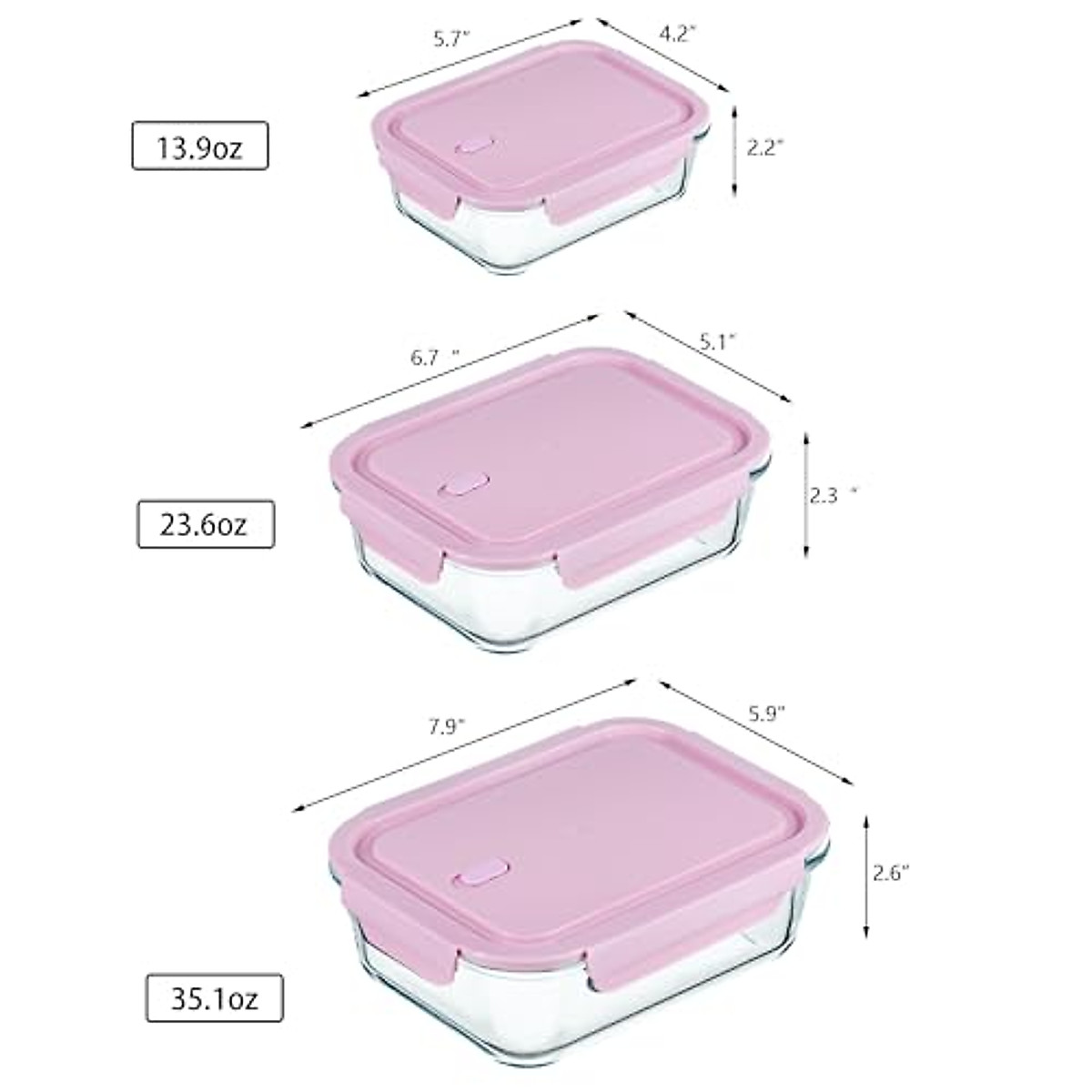 ATRDTO 6 Pieces Rectangle Glass Food Storage Containers with Lids, Meal Prep Containers for Food Storage, BPA Free & Leak Proof (3 lids & 3 Containers) 13.9oz, 24oz, 35oz (Pink)