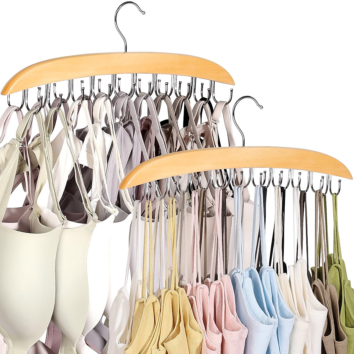 NANATI 2 Pack Bra Hangers for Closet Organizer, Bra Organizer with 40 Stainless Steel Hooks, Wooden Tank Top Hanger, Closet Organizers and Storage for Bras Camis Belts Ties, Natural