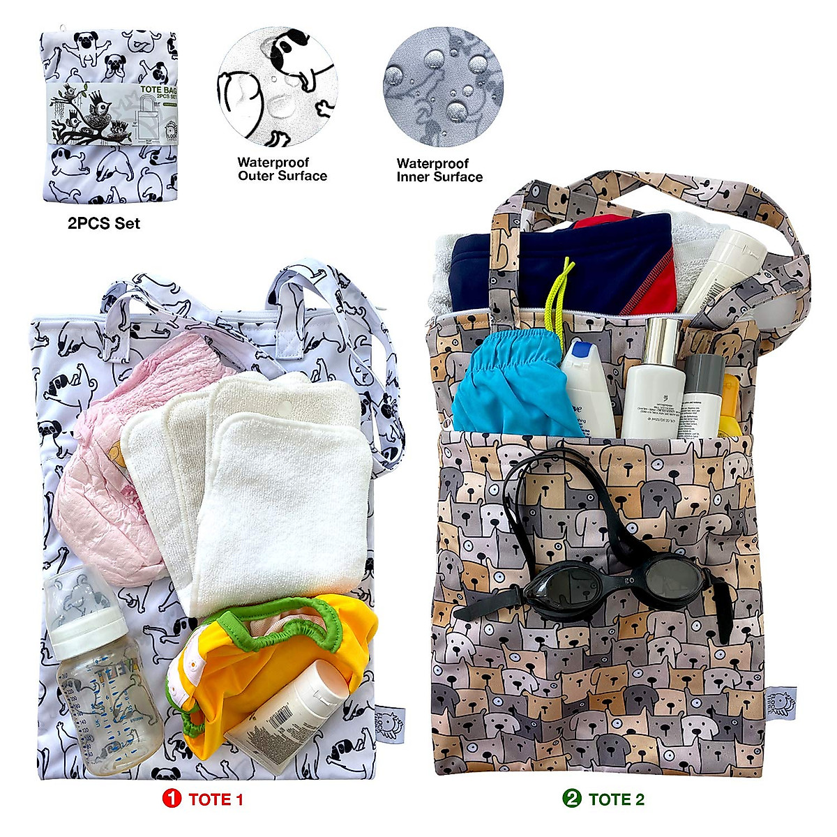 FLOCK THREE 2pcs Wet Dry Bag Waterproof Tote Reusable Wet Clothes Baby Diapers Stroller Swimsuit Travel Small Larger Electronics Toiletries Pouch Cute Dogs