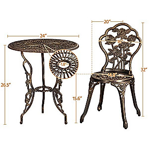 Yaheetech 3-Piece Outdoor Bistro Set w/Rose Design, Rust-Resistant Cast Aluminum Table and Chairs w/Umbrella Hole for Balcony Backyard Garden