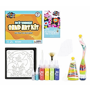 Sand Art Kit for Ages 3 to 10 - Everything Kids Need for Fun DIY Crafts - 16 Sand Peel&Sprinkle Pictures, 2 Sand Art Bottles, 8 Jars of Colored Sand, 2 Jars of Glitter, 1Tray, Funnel, Brush & Art Tool