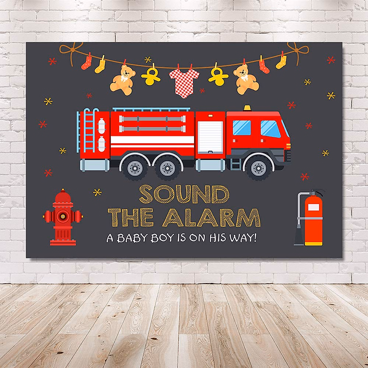MEHOFOND Fire Truck Boy Baby Shower Photo Backdrop Firetruck Sound The Alarm Firefighter Little Fireman Red and Black Party Decorations Photography Background Banner for Dessert Table Supplies 7x5ft