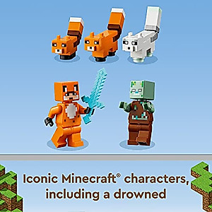LEGO Minecraft The Fox Lodge House 21178 Animal Toys with Drowned Zombie Figure, Birthday Gift for Kids, Boys and Girls Age 8 Plus Years Old